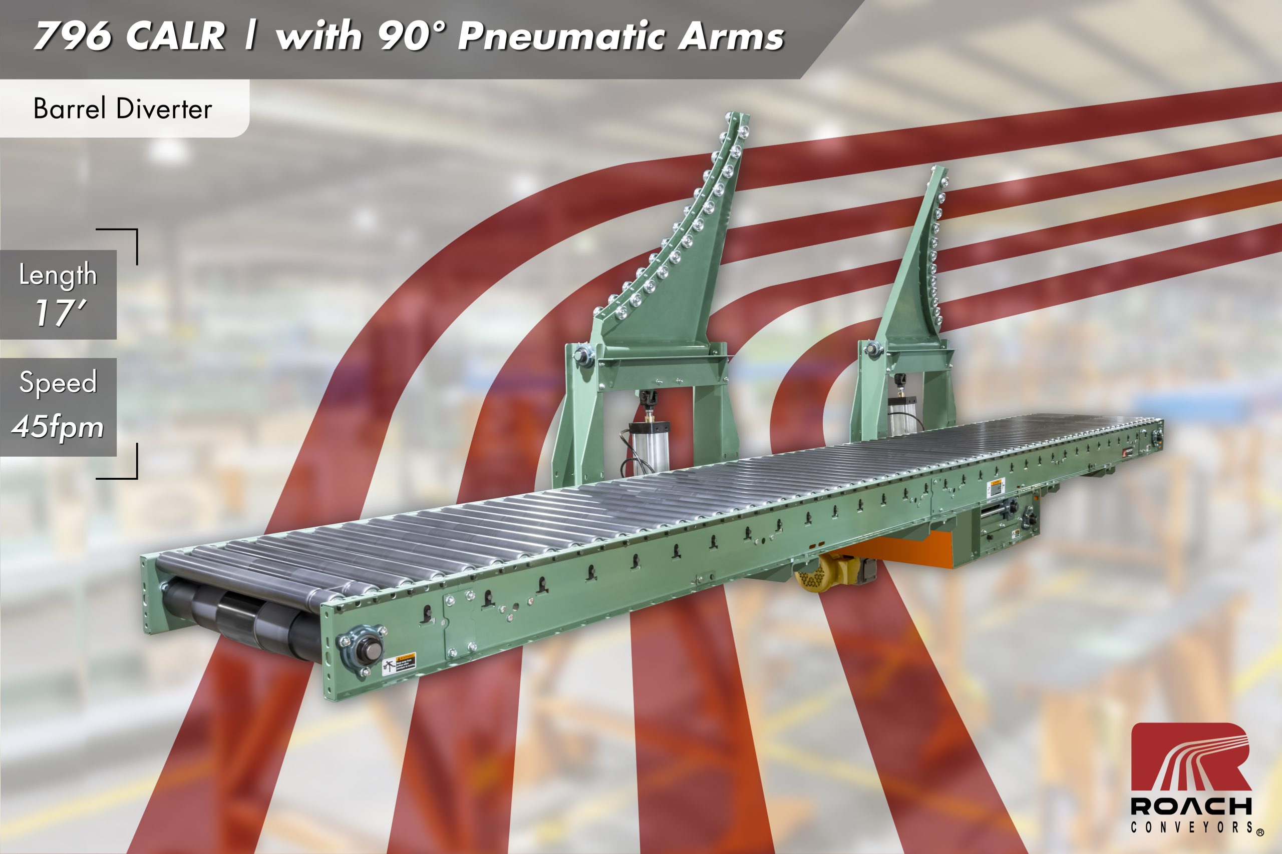 796CALR w Barrel Diverting Pneumatic Arms - Roach Conveyors